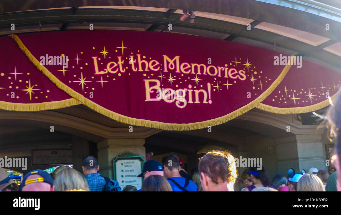 Let the memories begin sign, Magic Kingdom, Disney World, Florida, USA ...