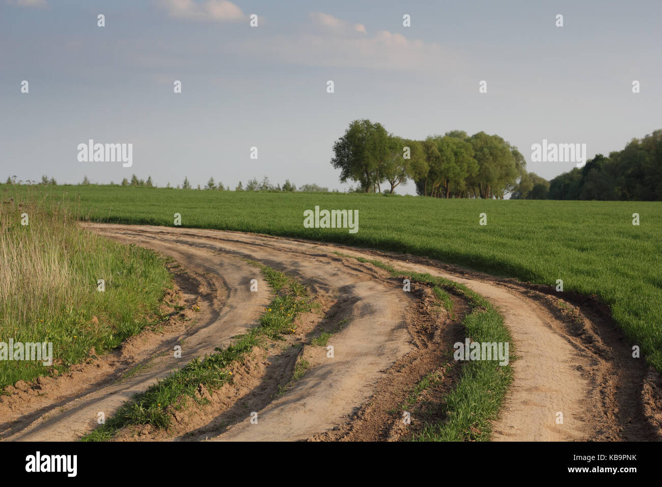 Spring farm road turning left photo Stock Photo - Alamy
