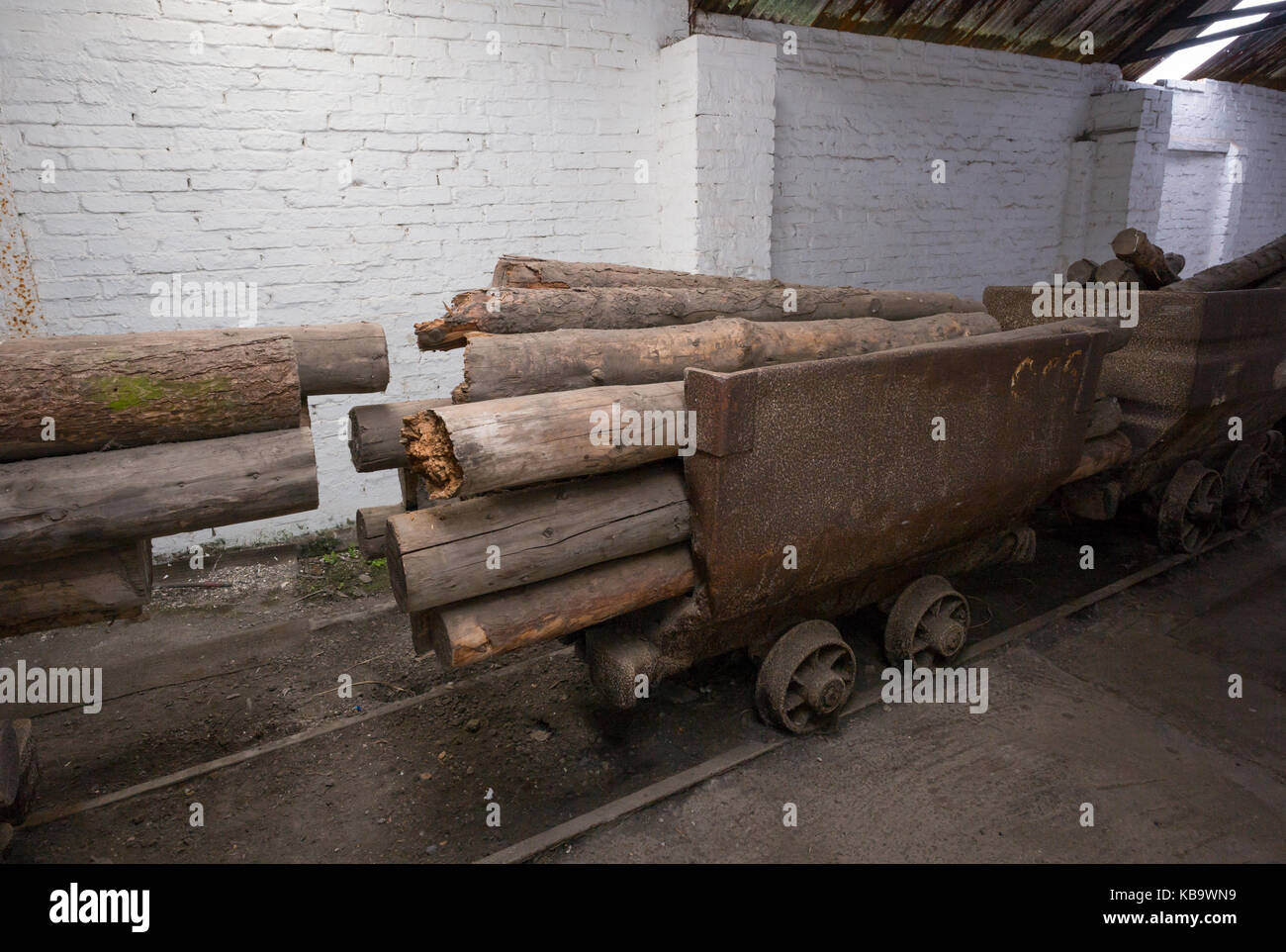 Logs for use as underground pit props loaded onto narrow gauge rail ...