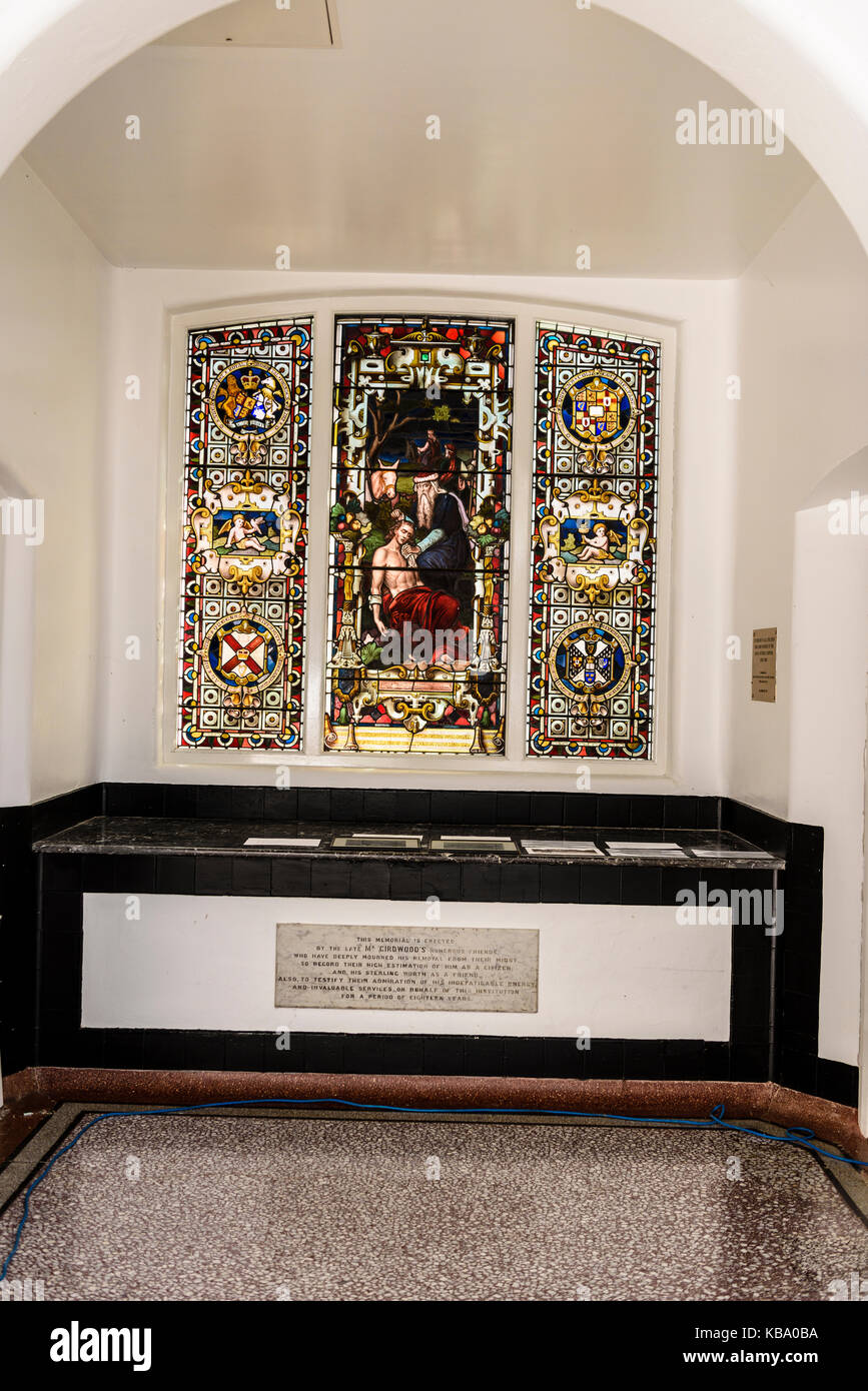 Stained glass window presented by Dr W. Whitla, 1886, at the end of the ...