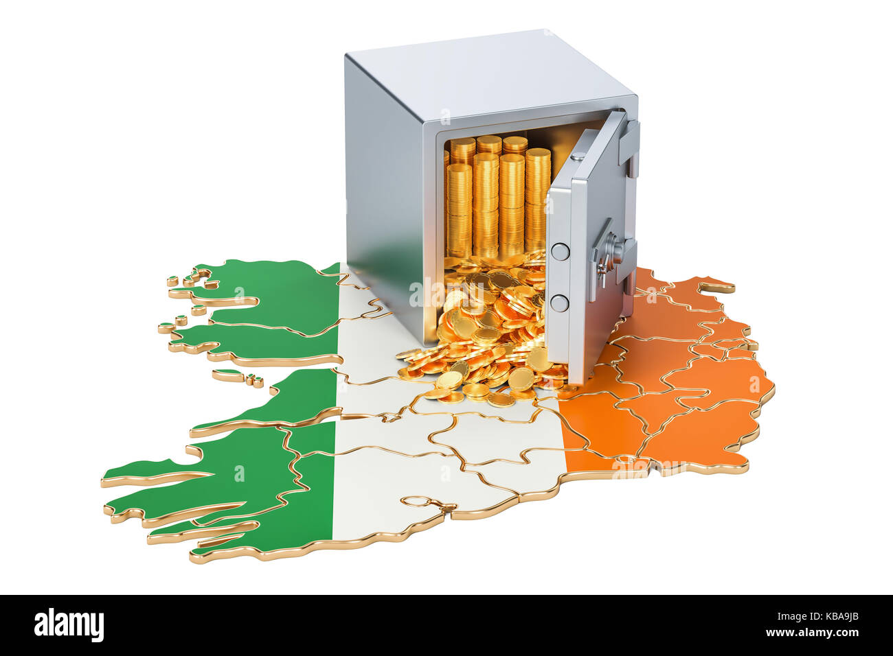 Safe box with golden coins on the map of Ireland, 3D rendering isolated ...