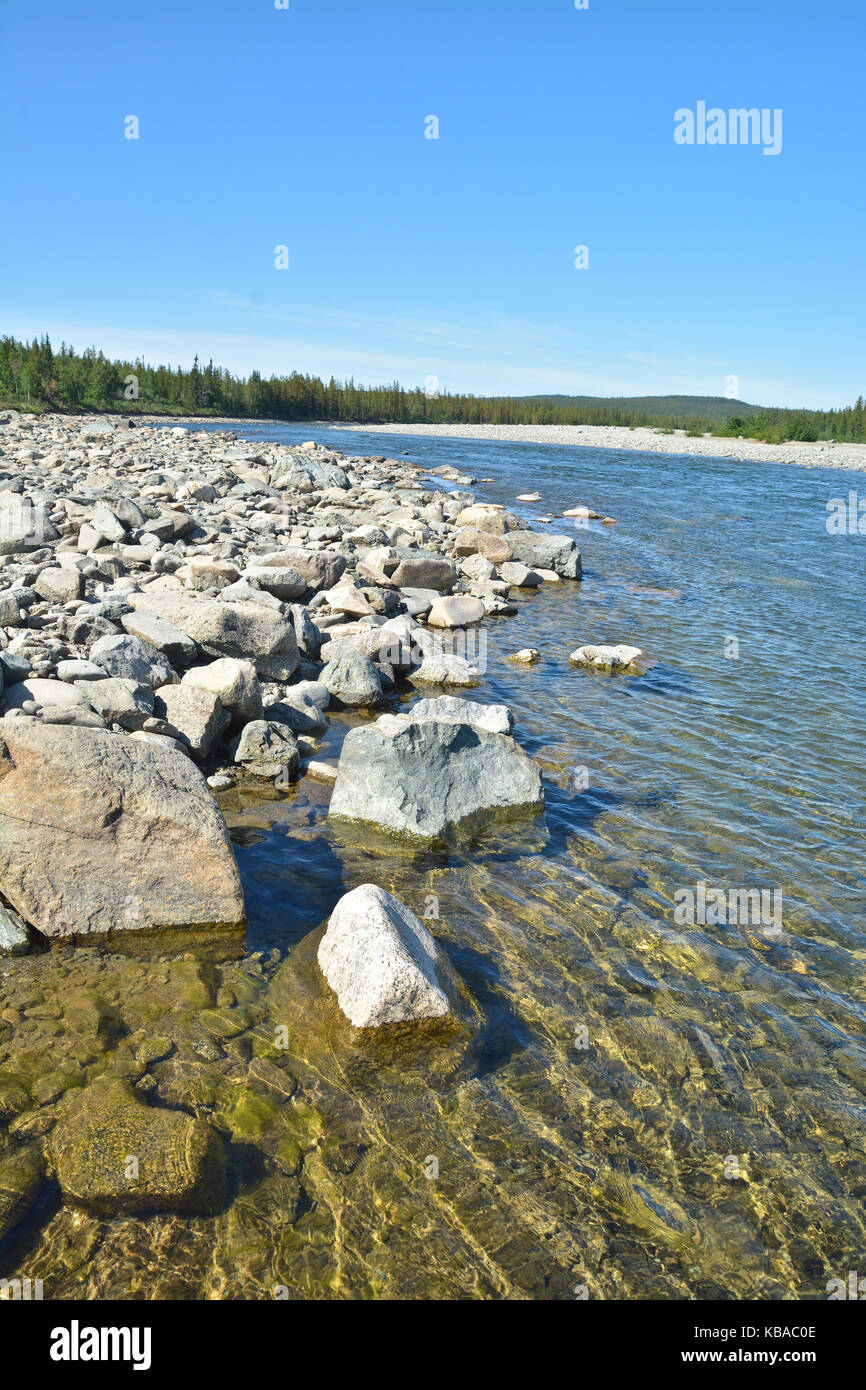 River in the Polar Urals. Summer water landscape of northern nature ...