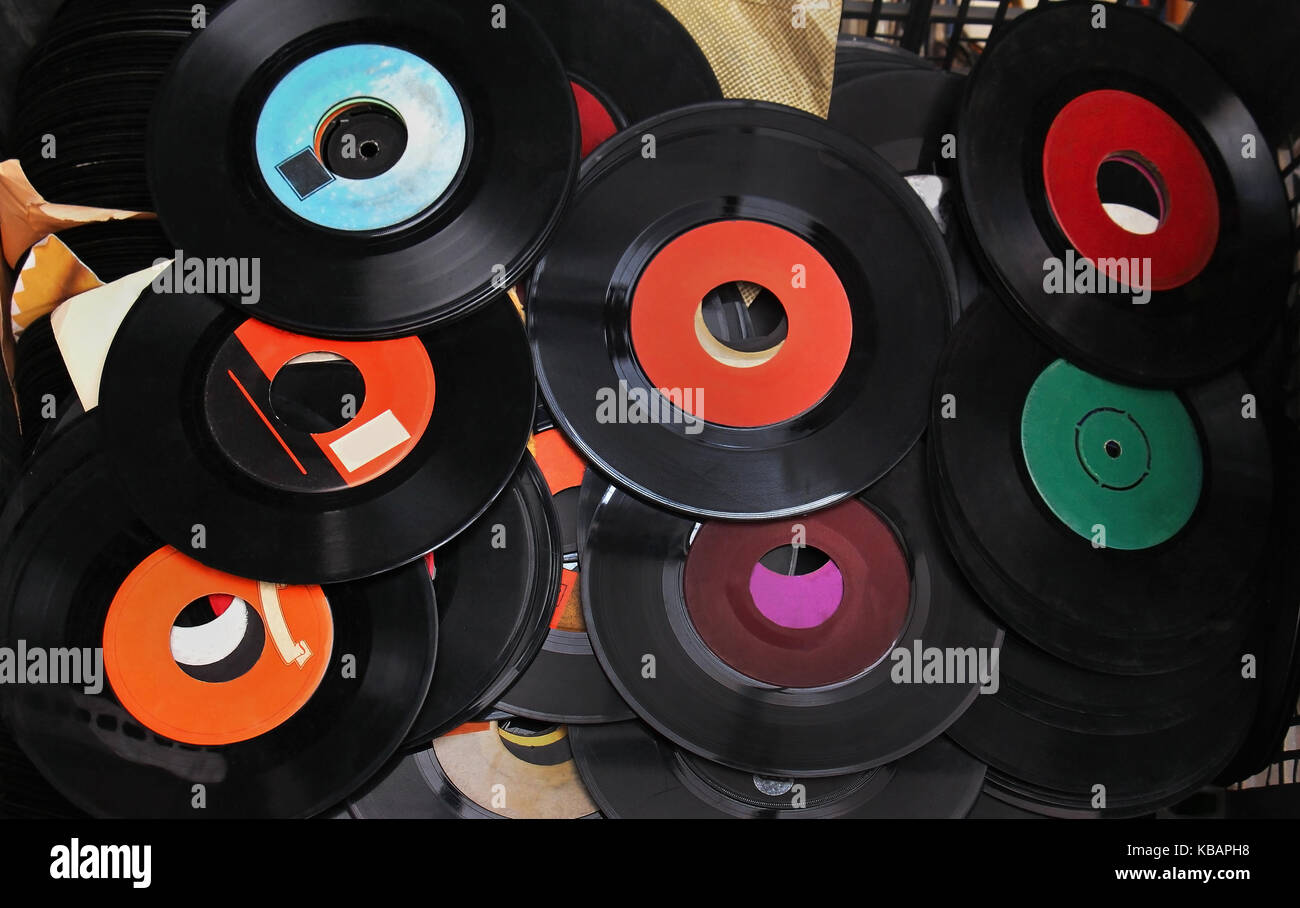 Pile of old used vinyl records sold on vintage market Stock Photo - Alamy