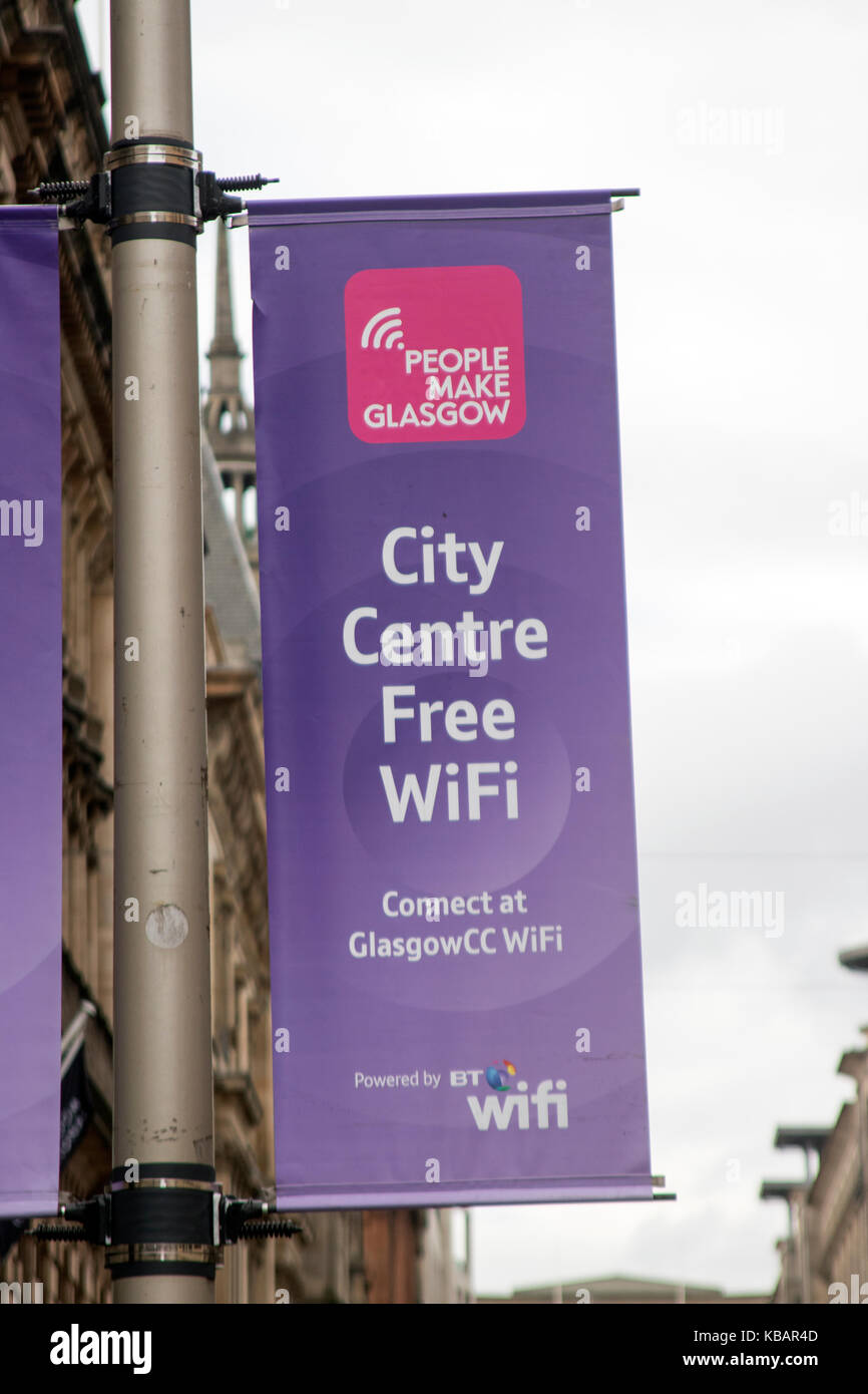 Banner advertising free Wi-Fi in the city centre, Glasgow, Scotland ...