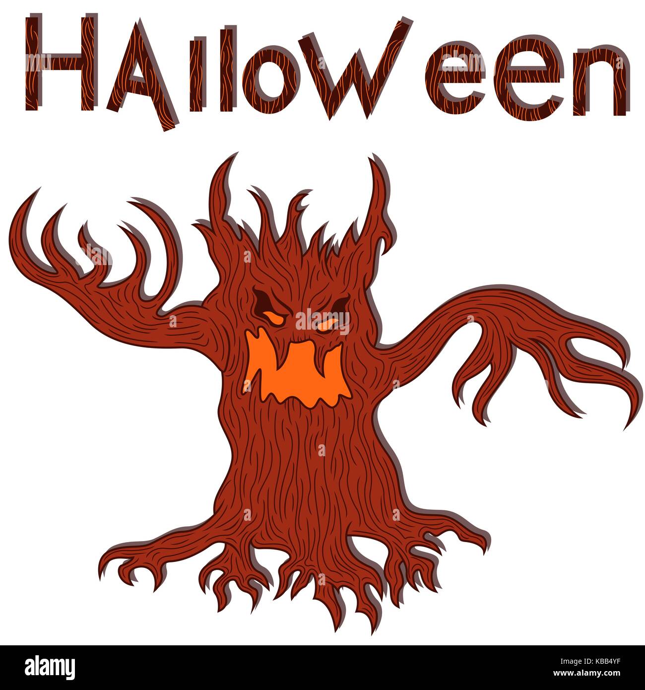 Halloween angry evil twisted red tree with branches as a hands, cartoon ...