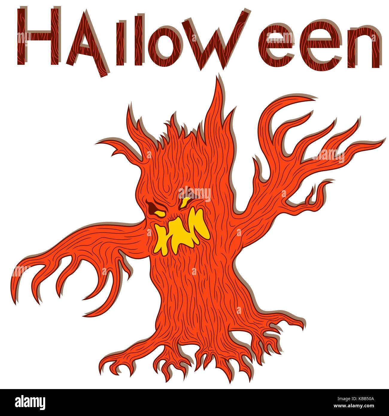 Halloween aggressive twisted tree with branches as a hands, cartoon ...
