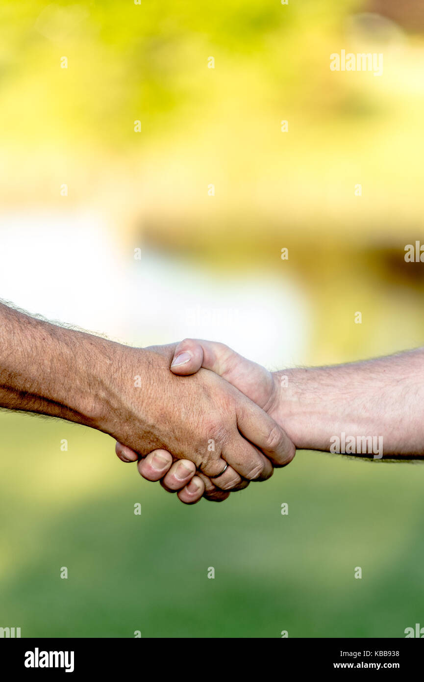 Handshake between two men with blurred background Stock Photo - Alamy