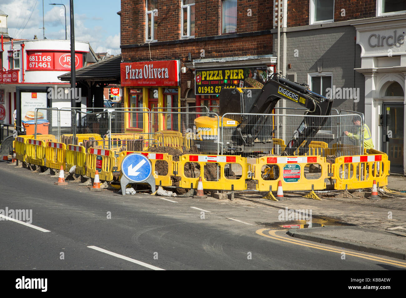 Town centre shops and roadworks In Leigh, England, UK Stock Photo - Alamy
