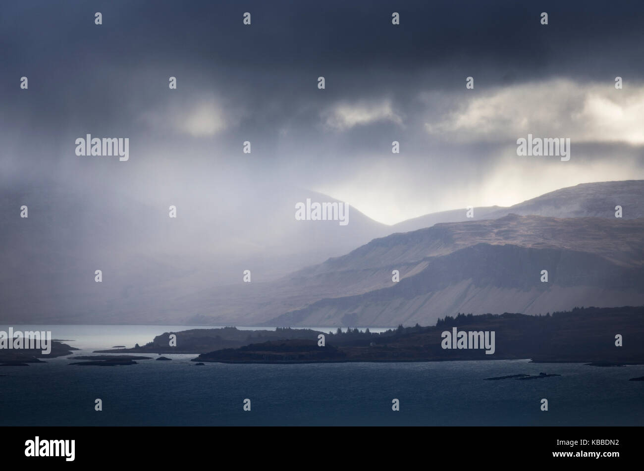 Snow clouds across Loch Na Keal with Ben More mountain and hills, Isle ...