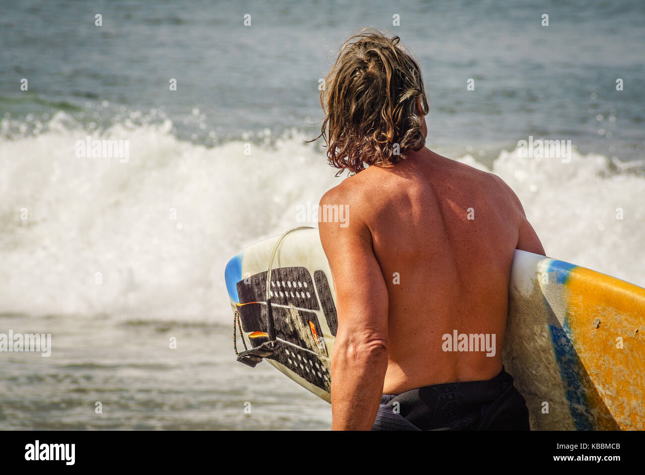 A surfer examines the surf conditions as he enters the Pacific Ocean ...