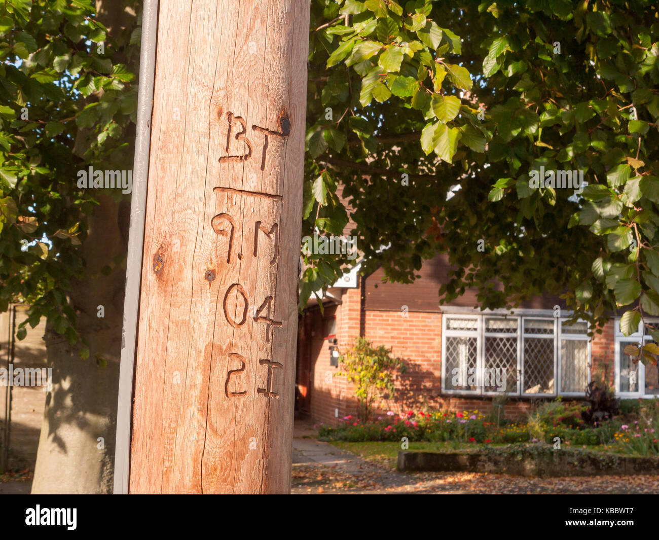 carved wooden electrical post outside lettering numbering; Essex ...