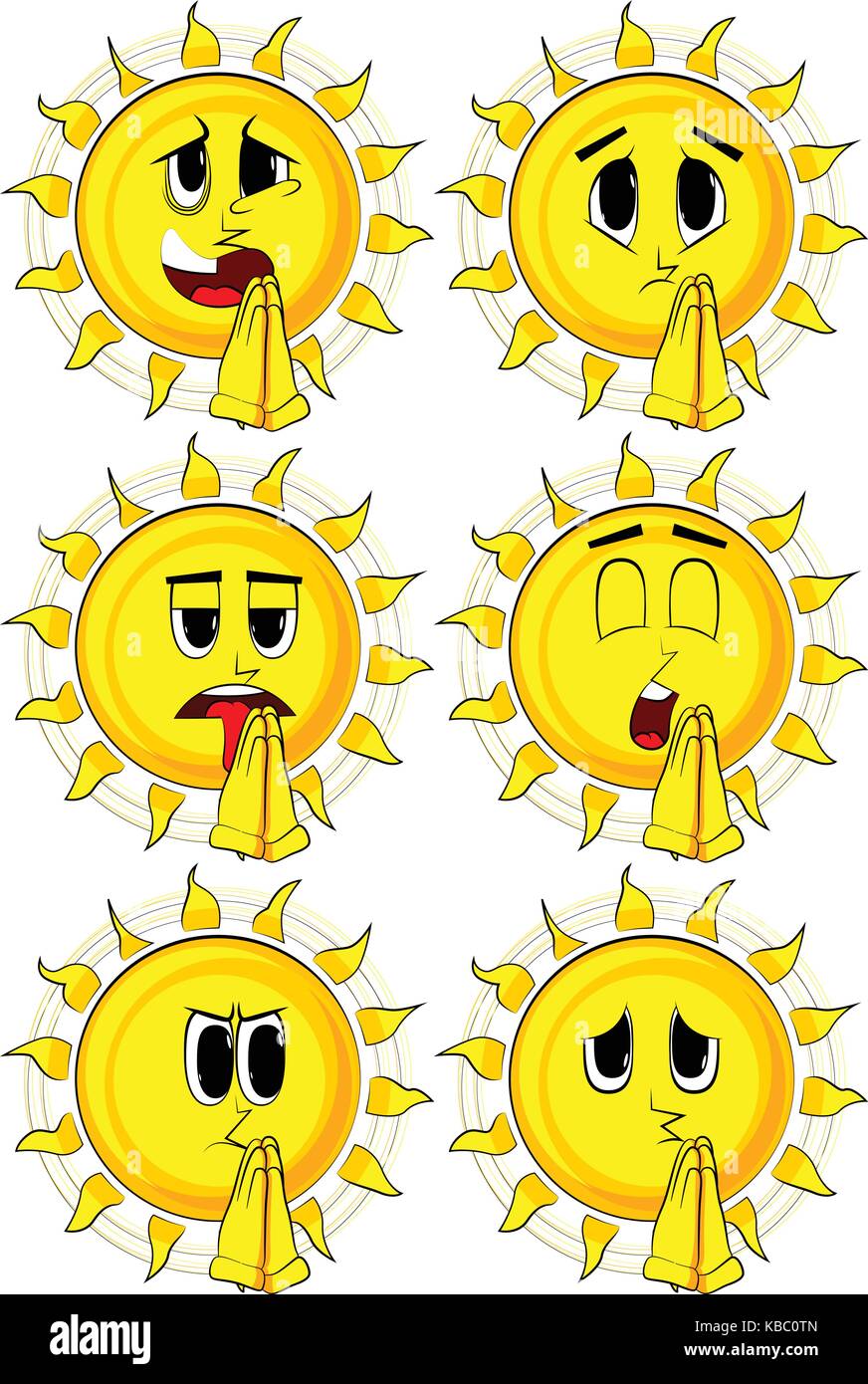 Cartoon sun with praying hands. Collection with sad faces. Expressions ...