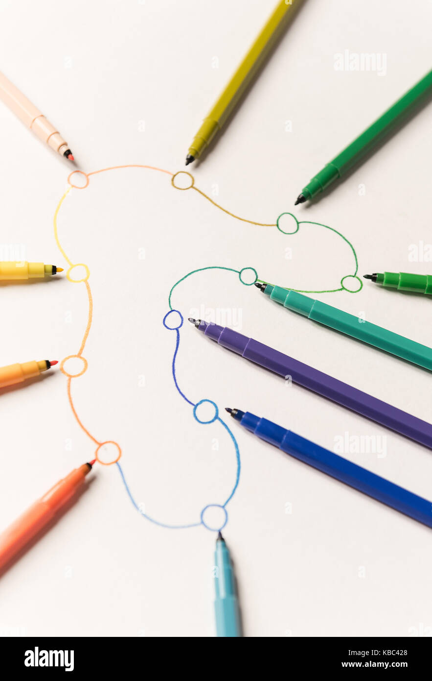 Top view of linear route with points painted with colorful markers on ...