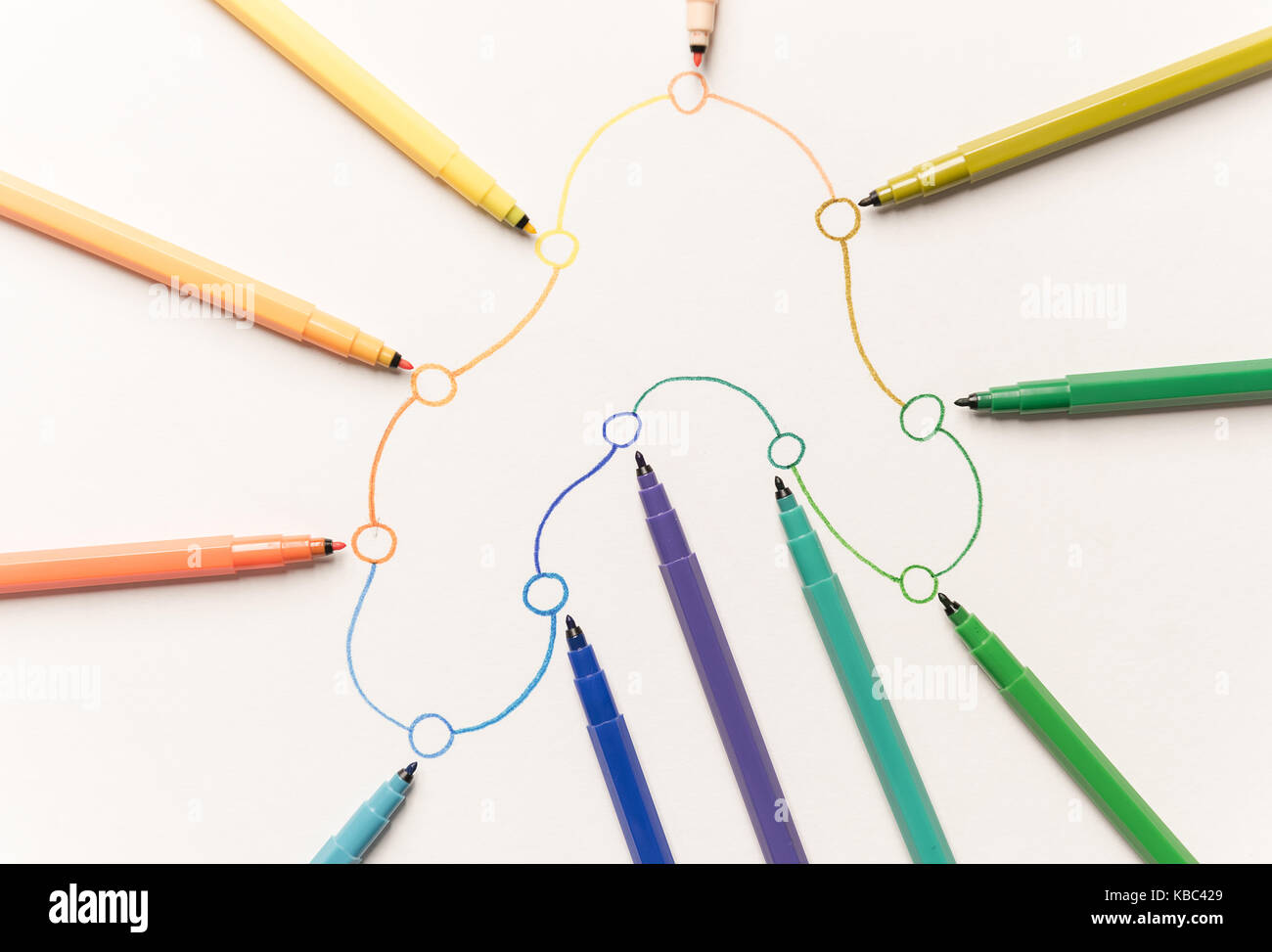 Top view of linear route with points painted with colorful markers on ...