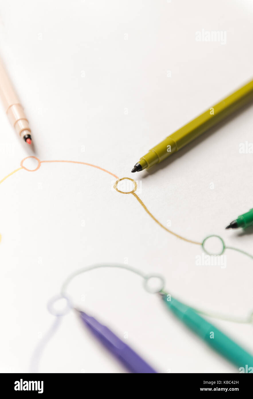 Close up of linear route with points painted with colorful markers on ...