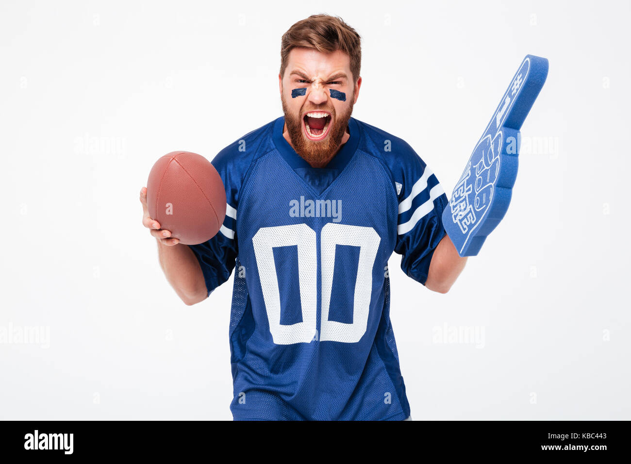Angry bearded male fan screaming and cheering up isolated over white ...