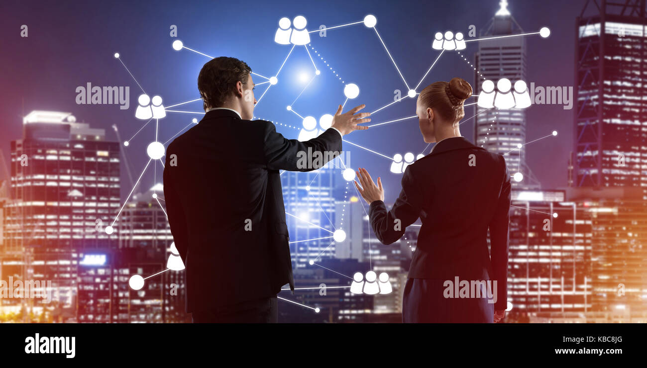 Concept of social connection and networking against night city view and ...