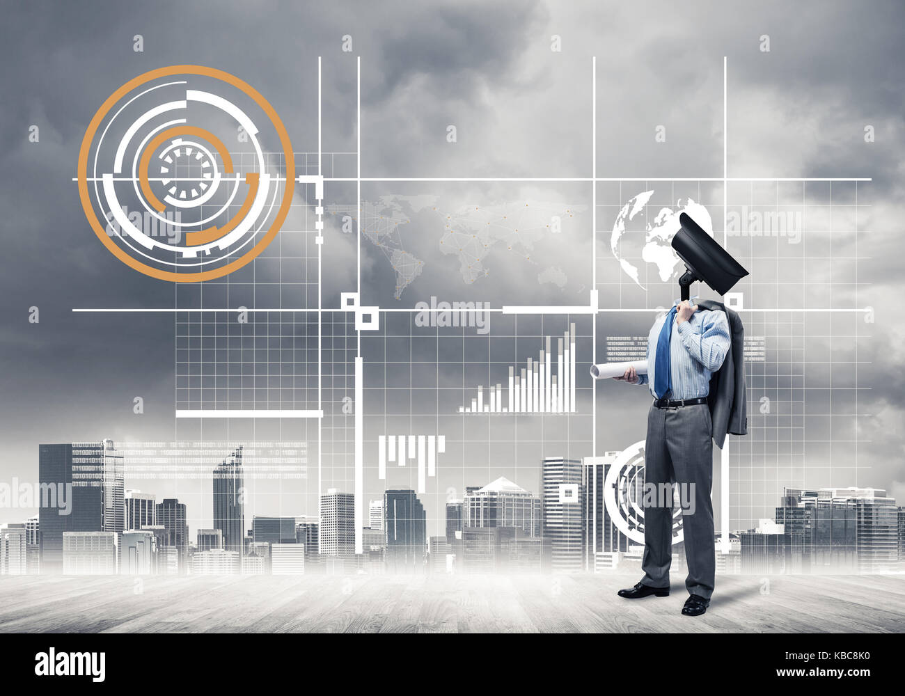 Camera headed man standing on wooden floor against modern citysc Stock ...