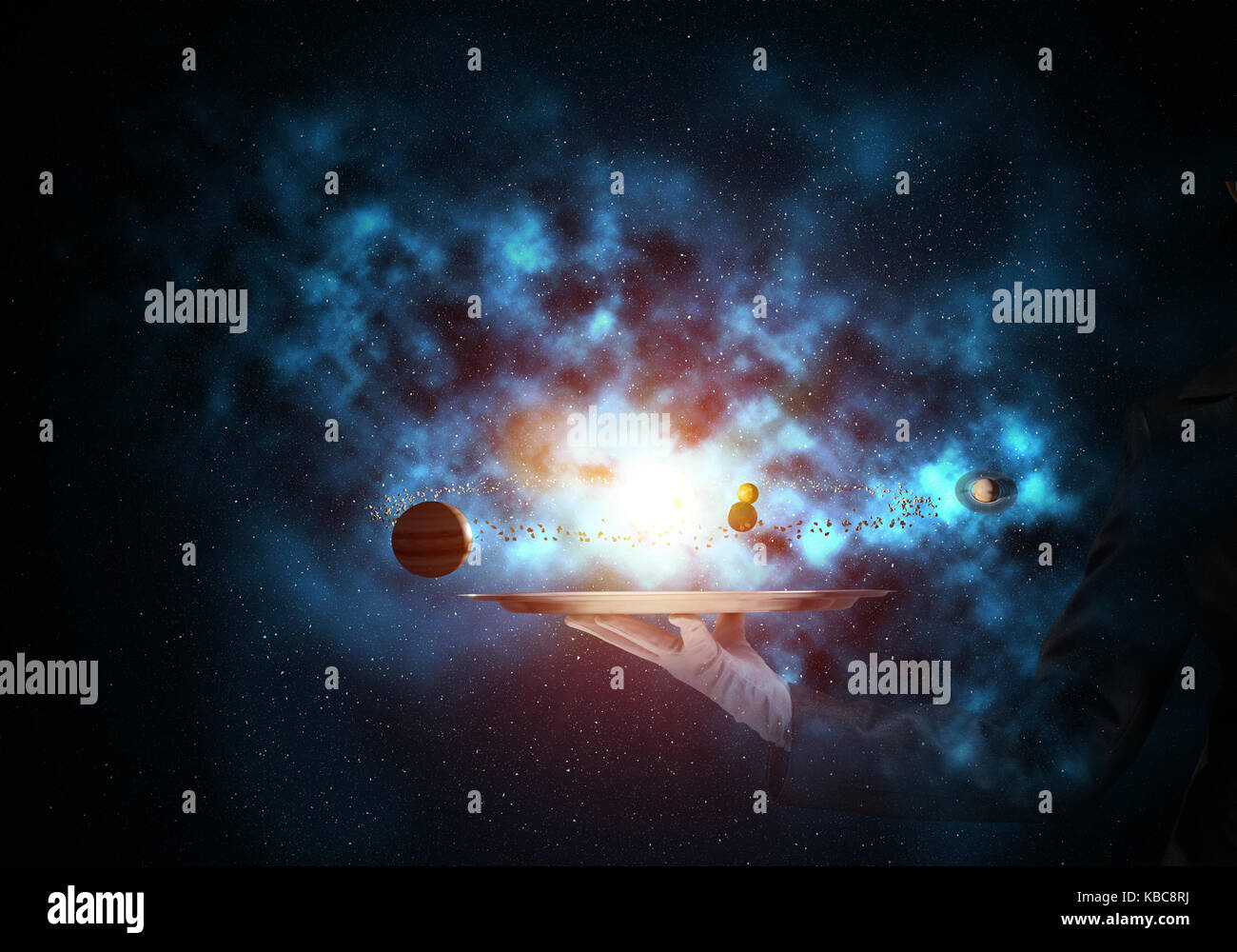 Hand of waitress presenting solar system on tray Stock Photo - Alamy