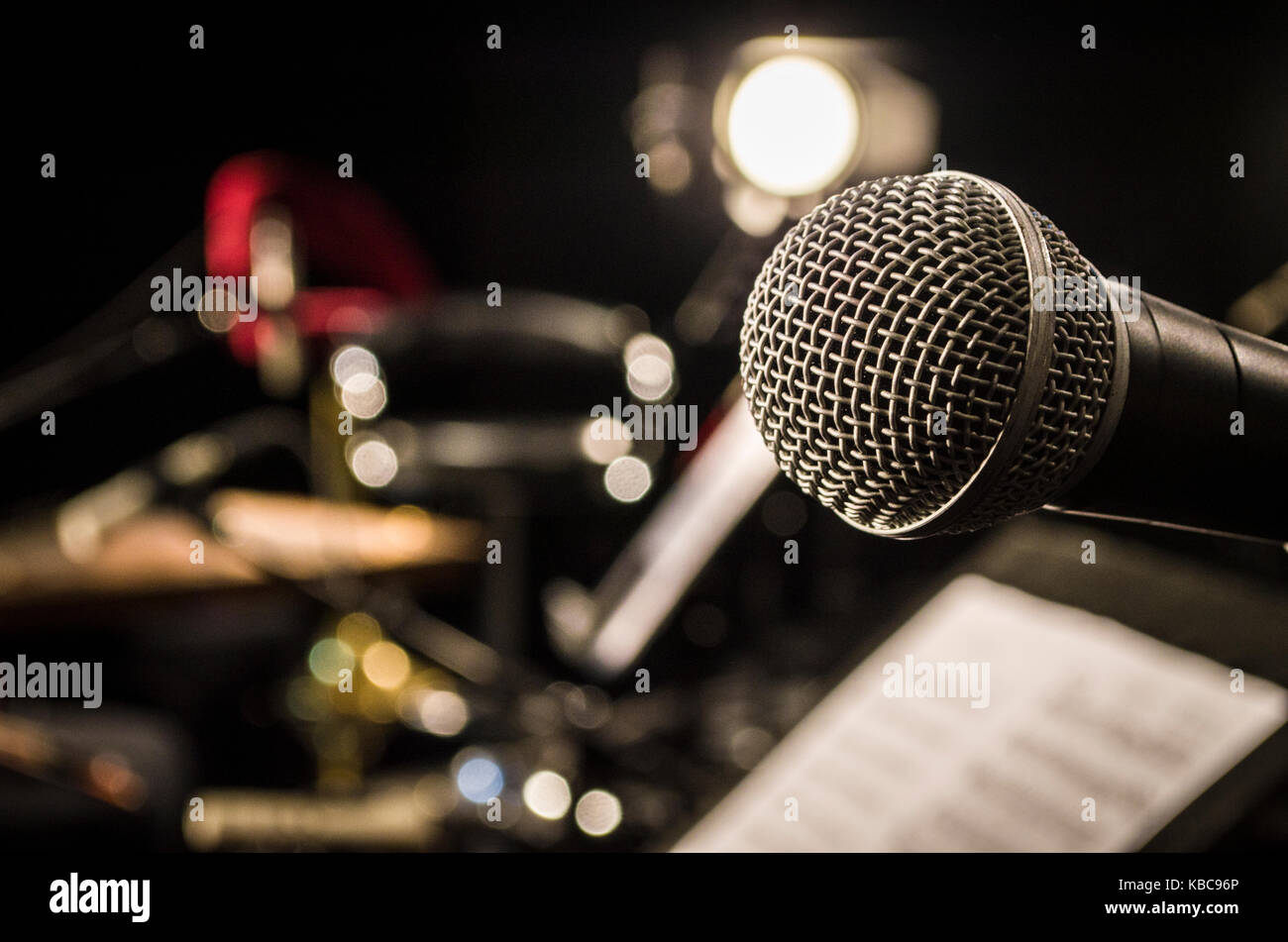 sound microphone, music notes and studio lights are ready Stock Photo ...