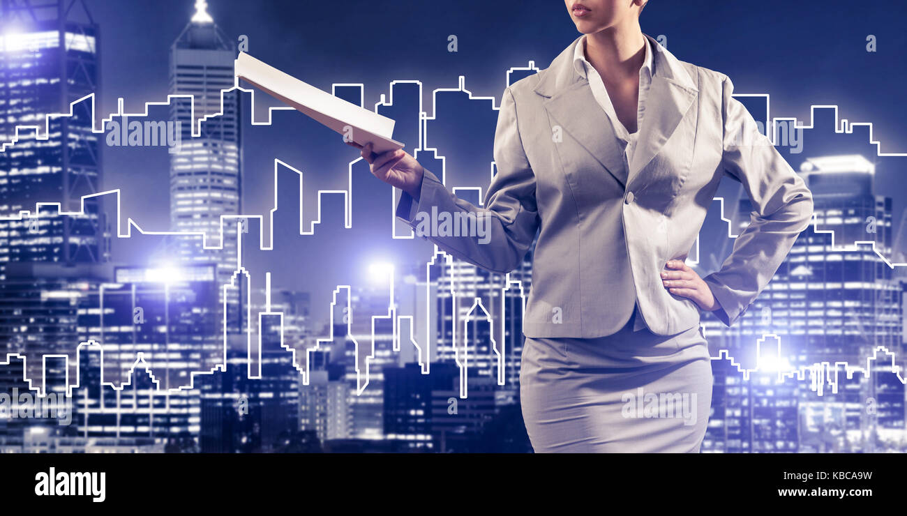 Woman architect or engineer presenting construction concept and Stock ...