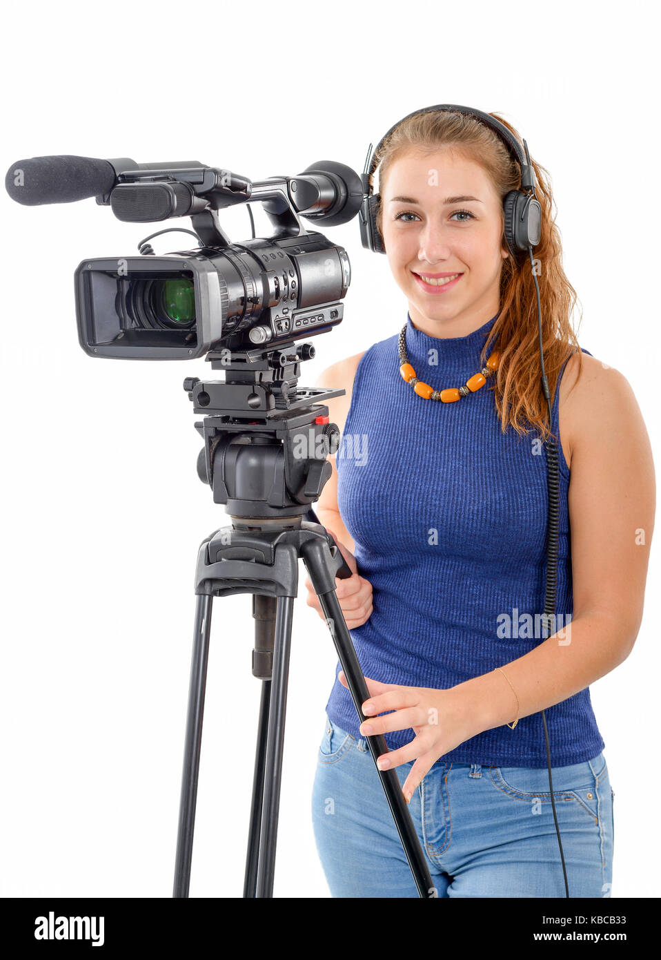 young woman with a video camera, on white background Stock Photo - Alamy