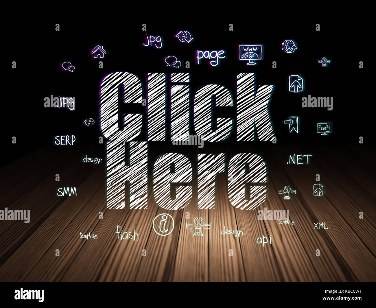Web design concept: Click Here in grunge dark room Stock Photo - Alamy