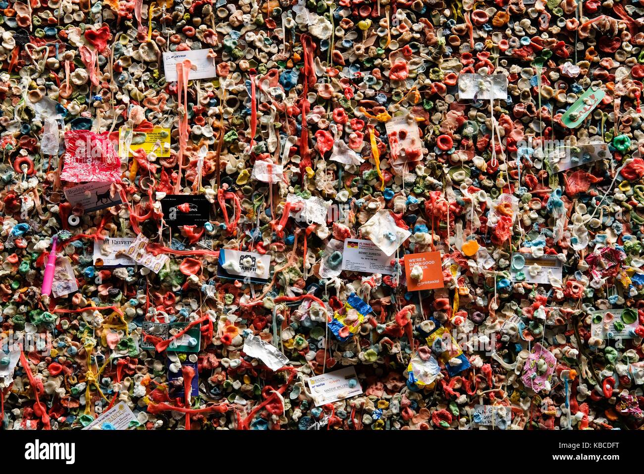 The Gum Wall, a brick wall covered in used chewing gum, in an alleyway ...