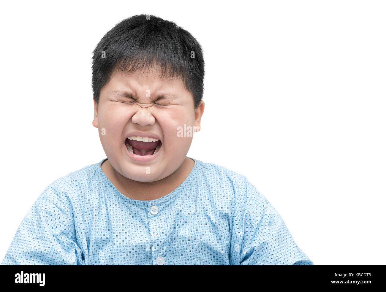 Portrait of a scared obese fat boy isolated on white background ...