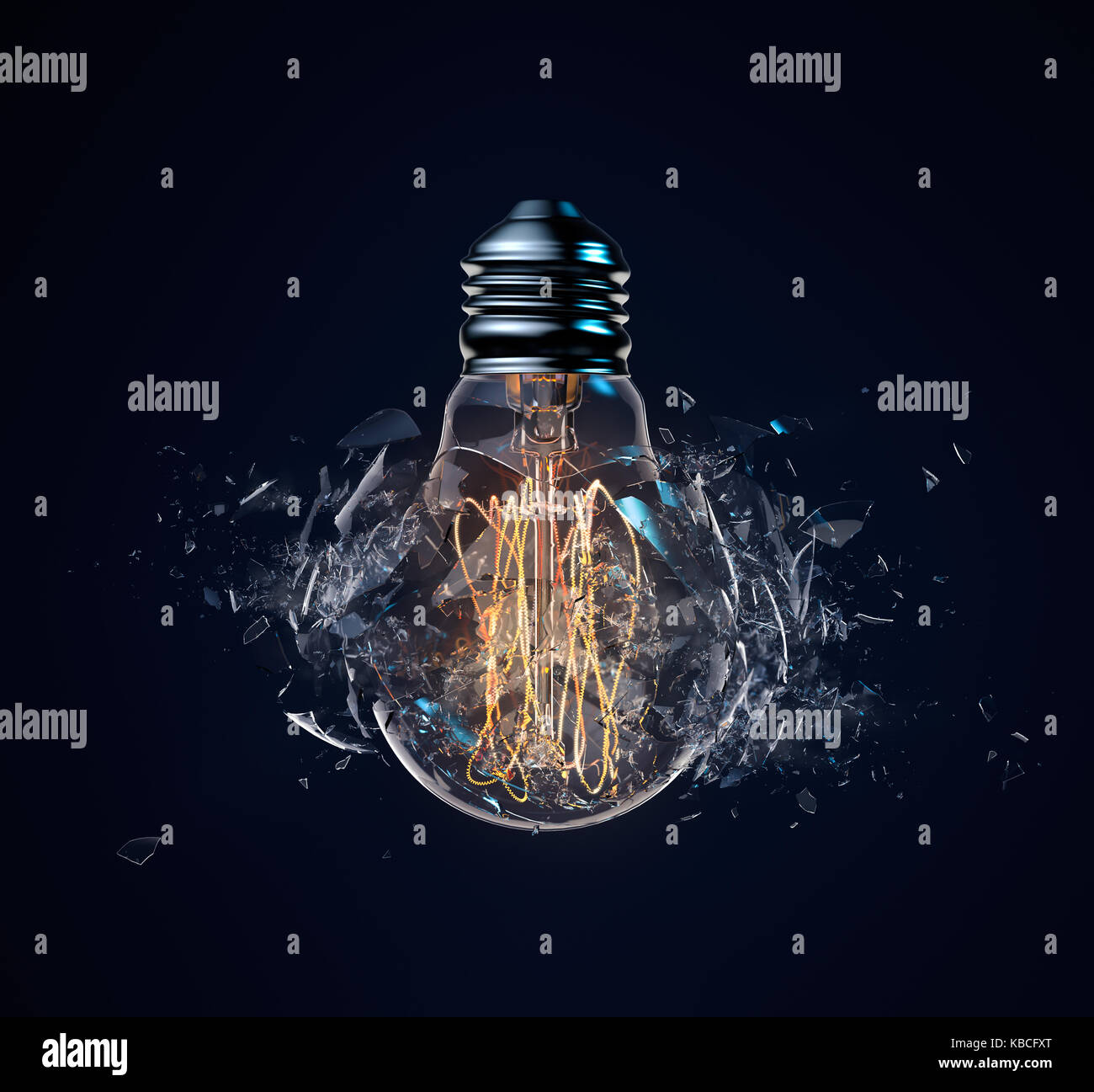 Exploding light bulb on a dark blue background Stock Photo - Alamy
