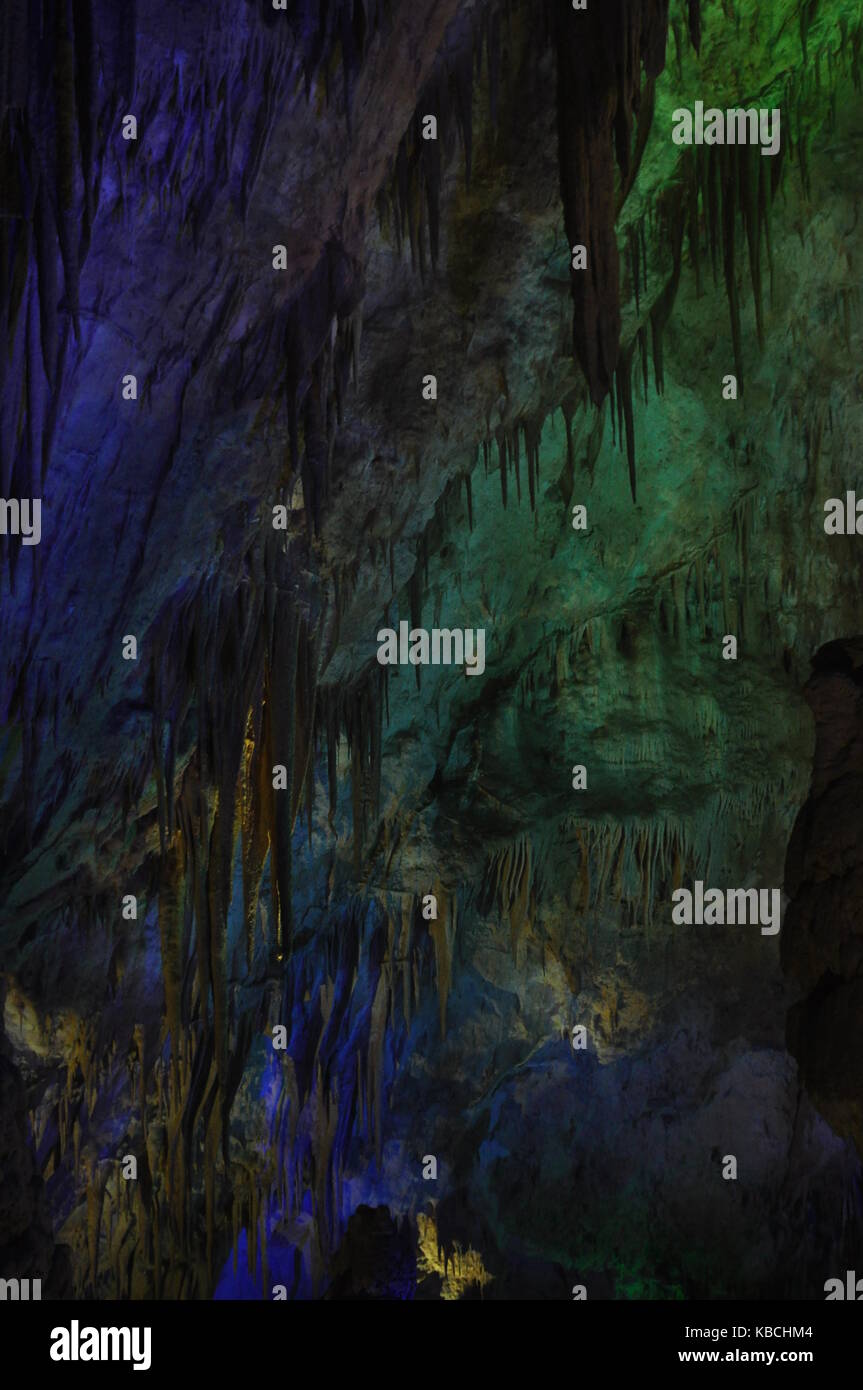 Prometheus Cave. Georgia. Stalactites and stalagmites highlighted ...