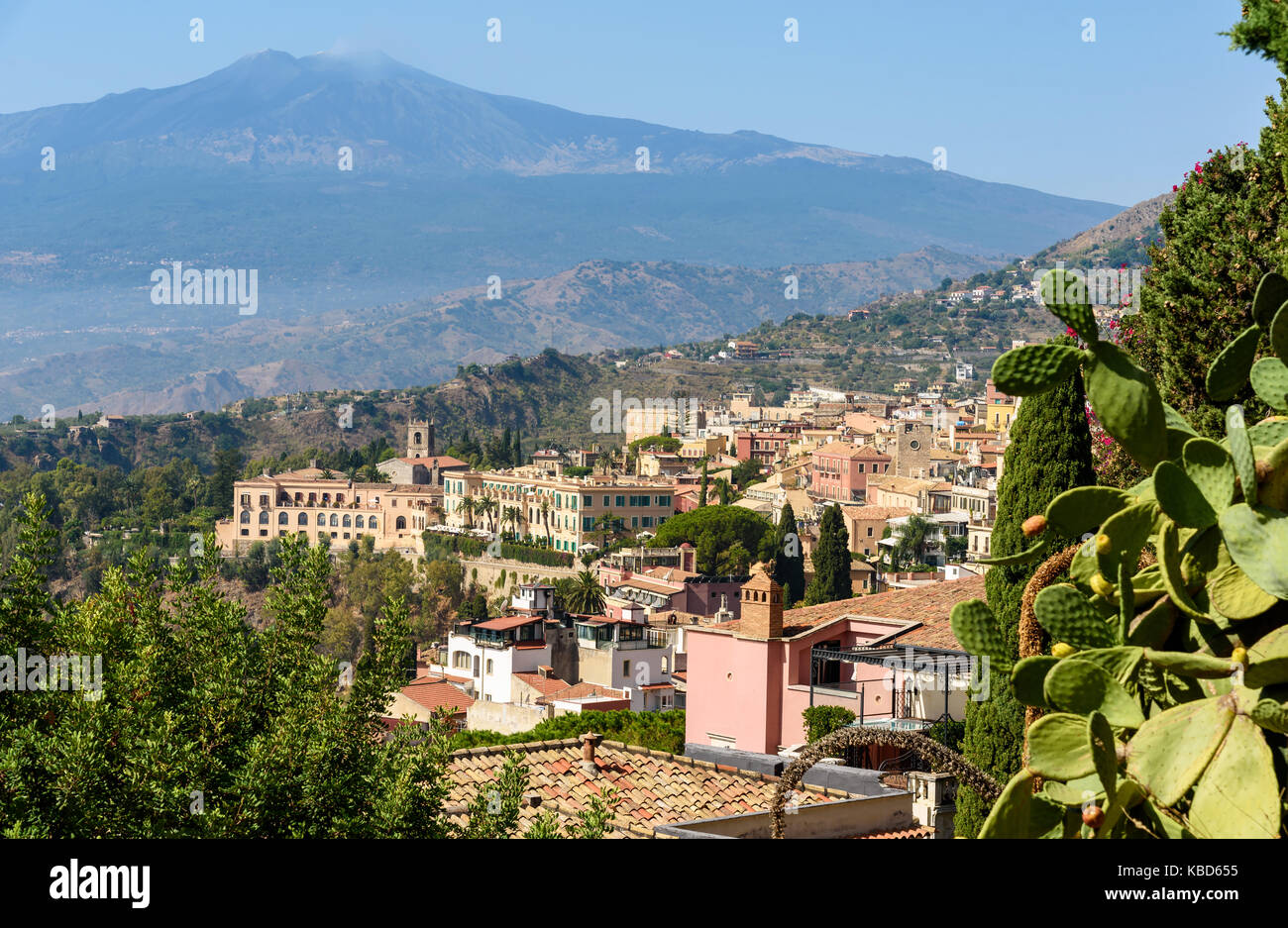 panoramic view of Taormina and etna volcano, sicily, italy Stock Photo ...