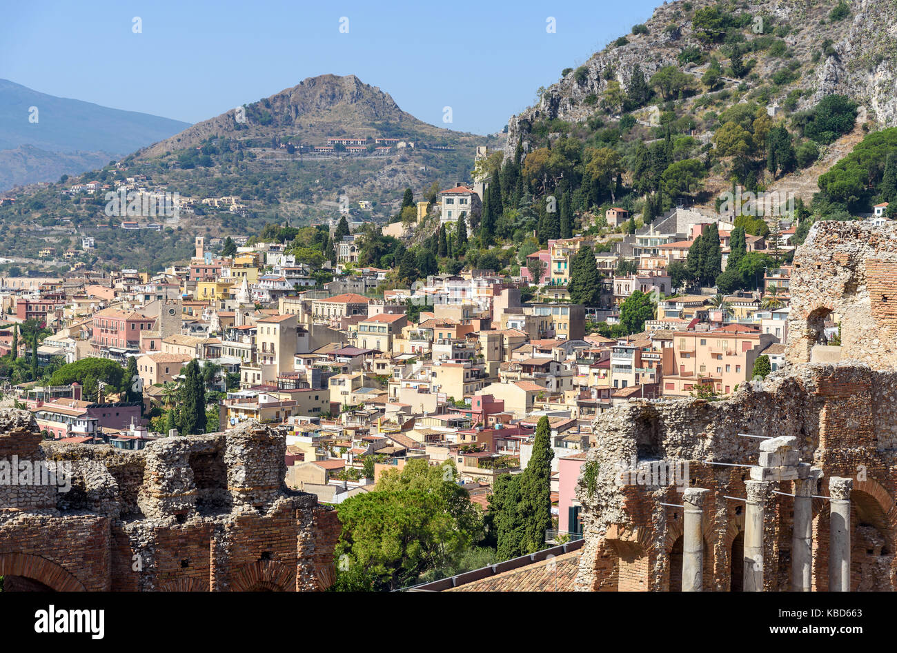 town of Taormina from the ancient theater, sicily, italy Stock Photo ...