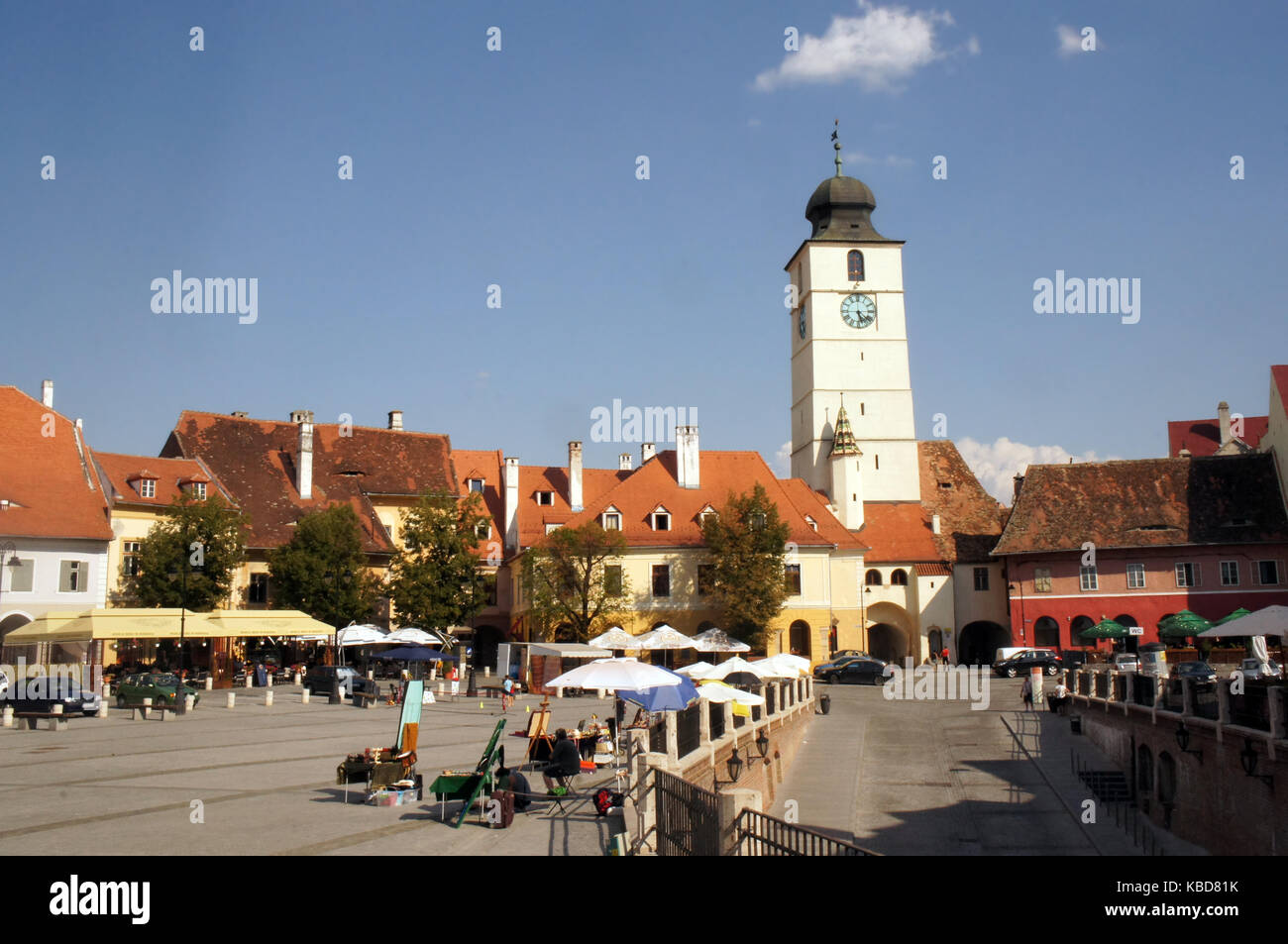 Main city square in medieval town Sibiu, Transylvania Romania Stock ...