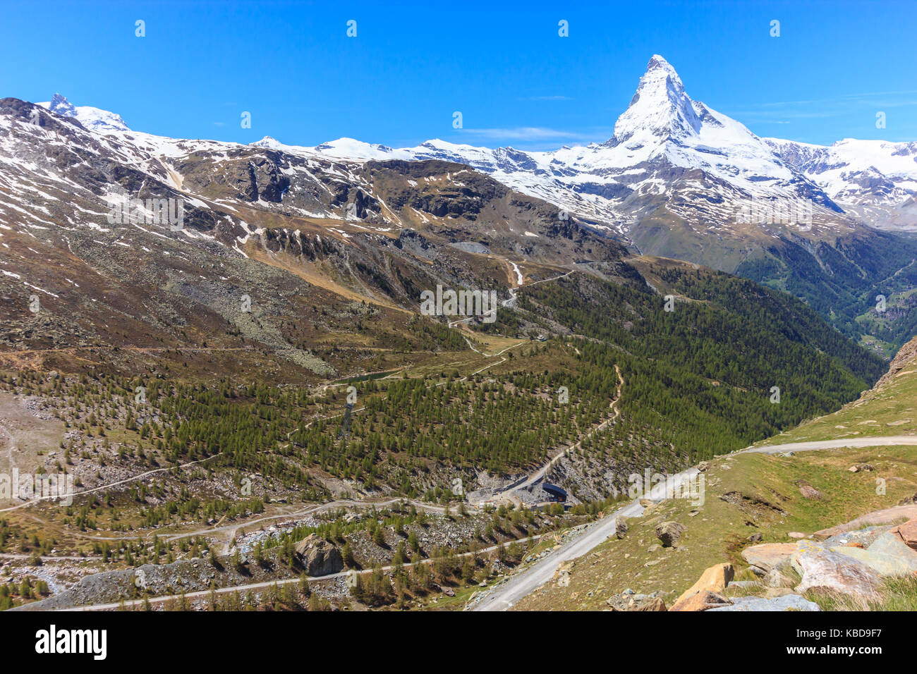 Trail with view of Matterhorn Peak in summer, Zermatt, Switzerland ...