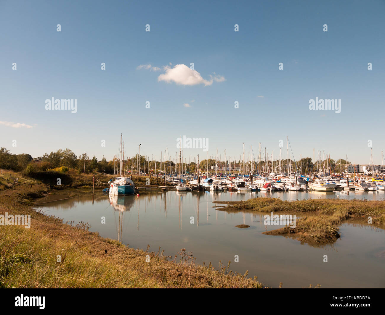 landscape view scene of boats moored in dock marina harbour; essex ...