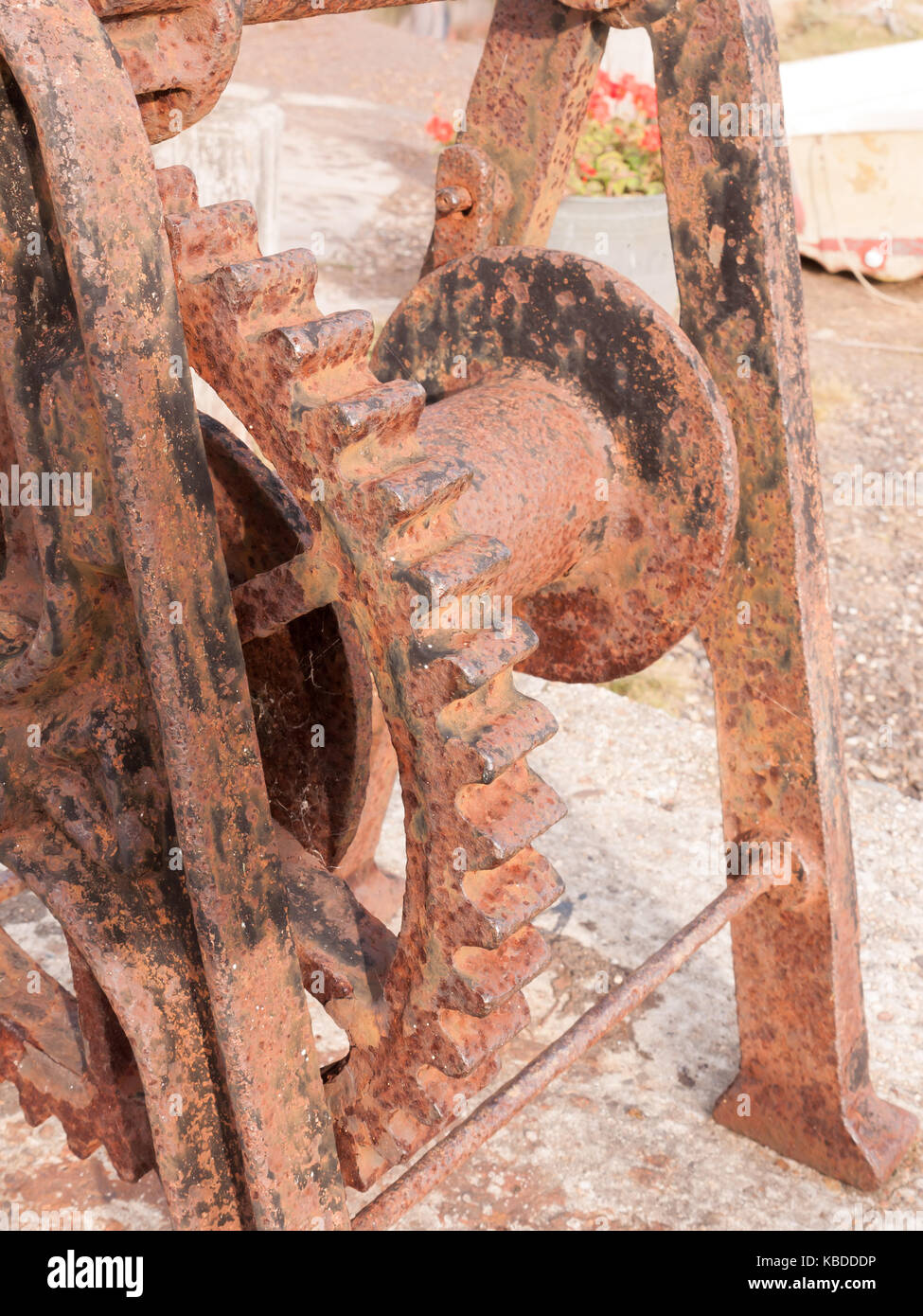 close up of rusty metal old sea dock structure outside; Essex; England ...