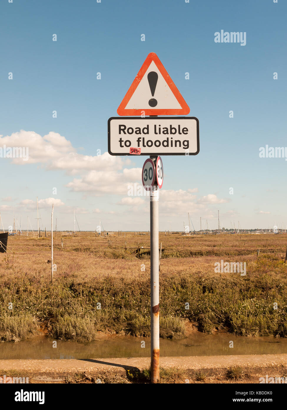 dock road sign red triangle exclamation road liable to flooding; essex ...
