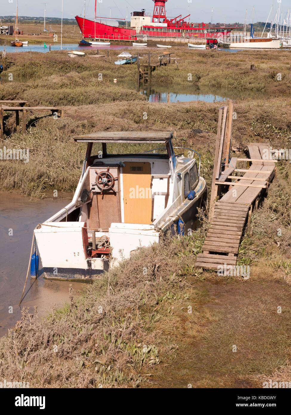 boat close up parked in estuary marshland tollesbury maldon; essex ...
