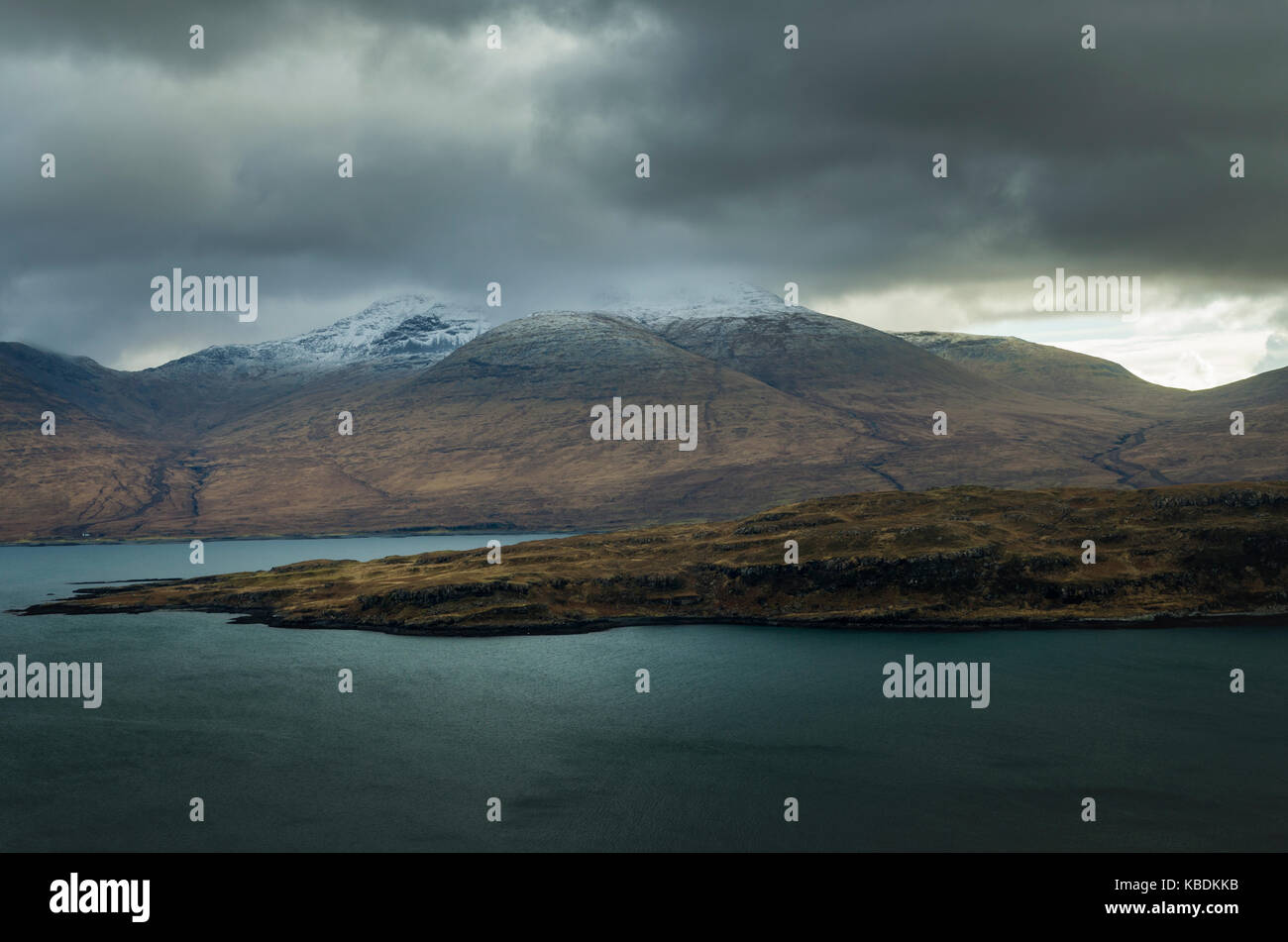 Snow clouds across Loch Na Keal with Ben More mountain and hills, Isle ...