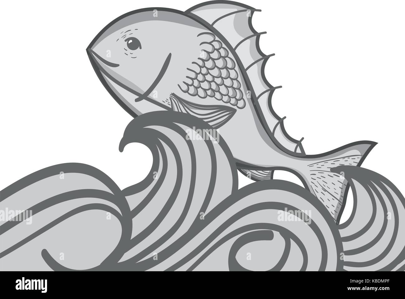 grayscale fish animal in the sea with waves design Stock Vector Image ...