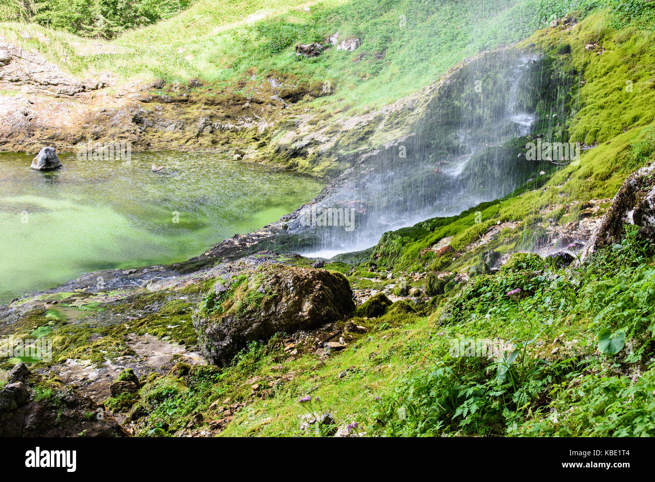 Dreamy waterfall and small emerald pond. Karst water. Fontanon of ...
