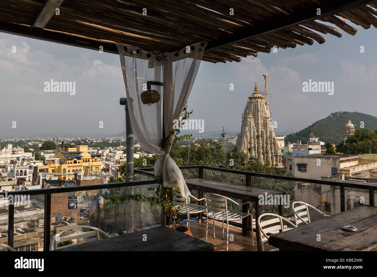 Roof top restaurant with beautiful view to Lake Pichola in the morning ...
