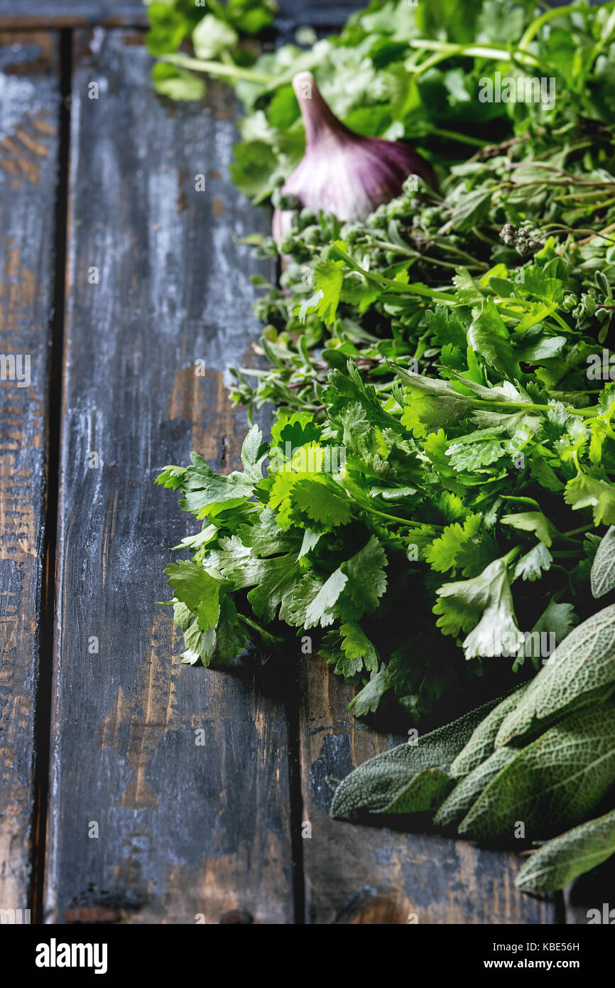 Variety of fresh organic herbs coriander, sage, oregano with garlic ...