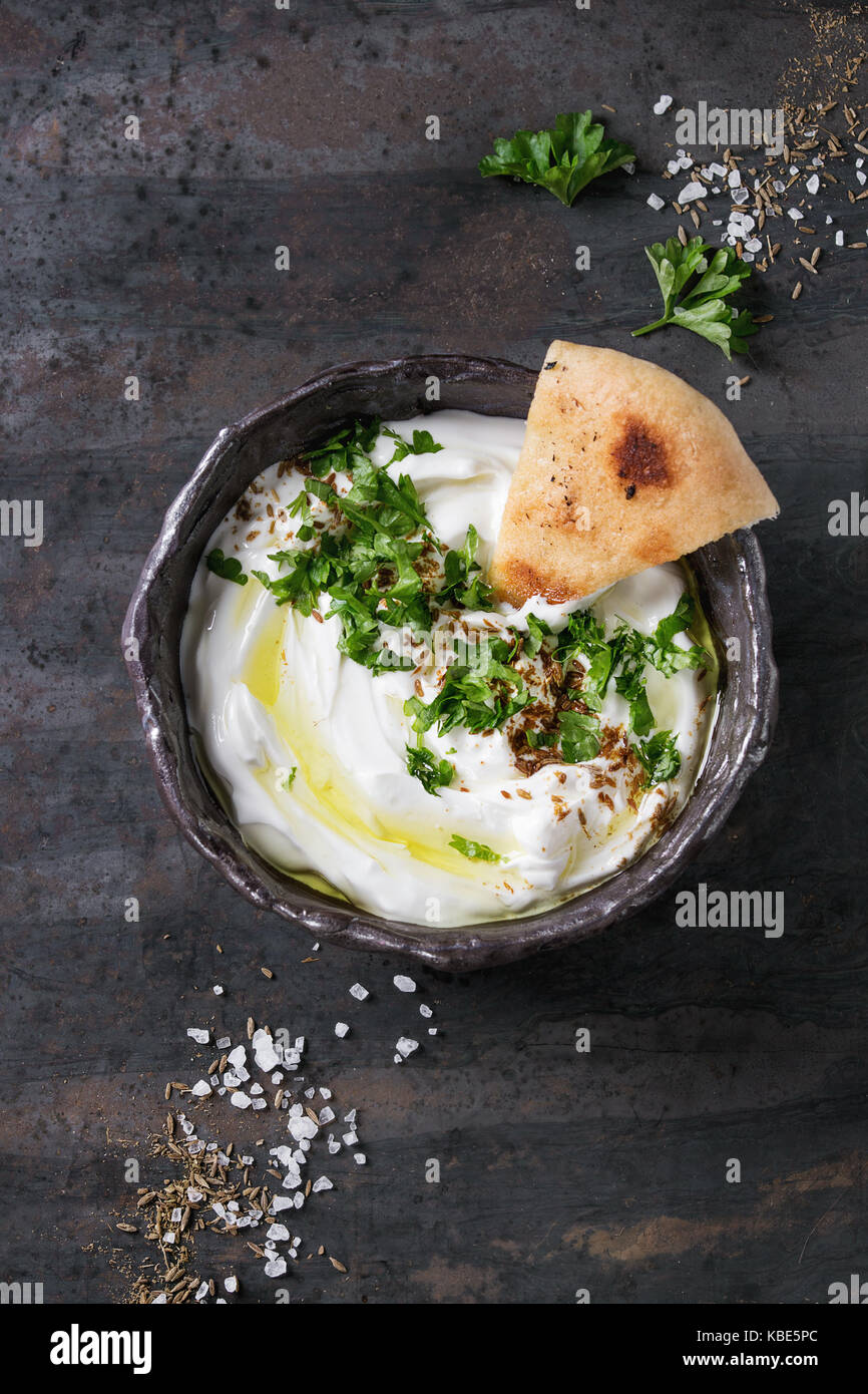 labneh middle eastern lebanese cream cheese dip with olive oil, salt ...