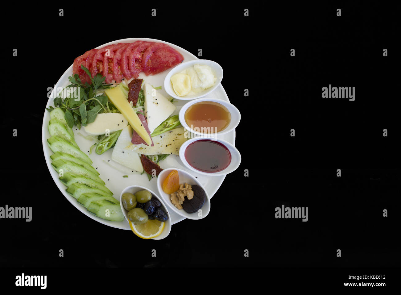 breakfast plate isolated black background Stock Photo - Alamy