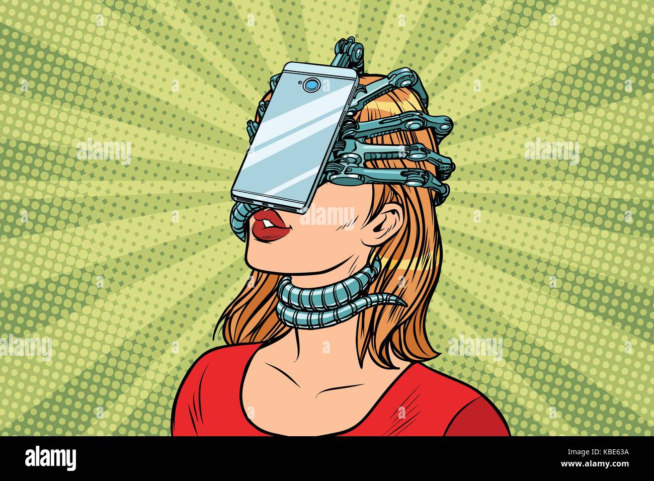 face id smartphone parasite, woman and Internet addiction. Pop art ...