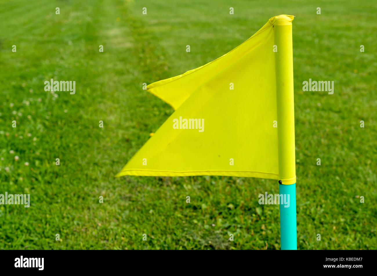 Yellow flags on the green grass of a football playing field Stock Photo ...