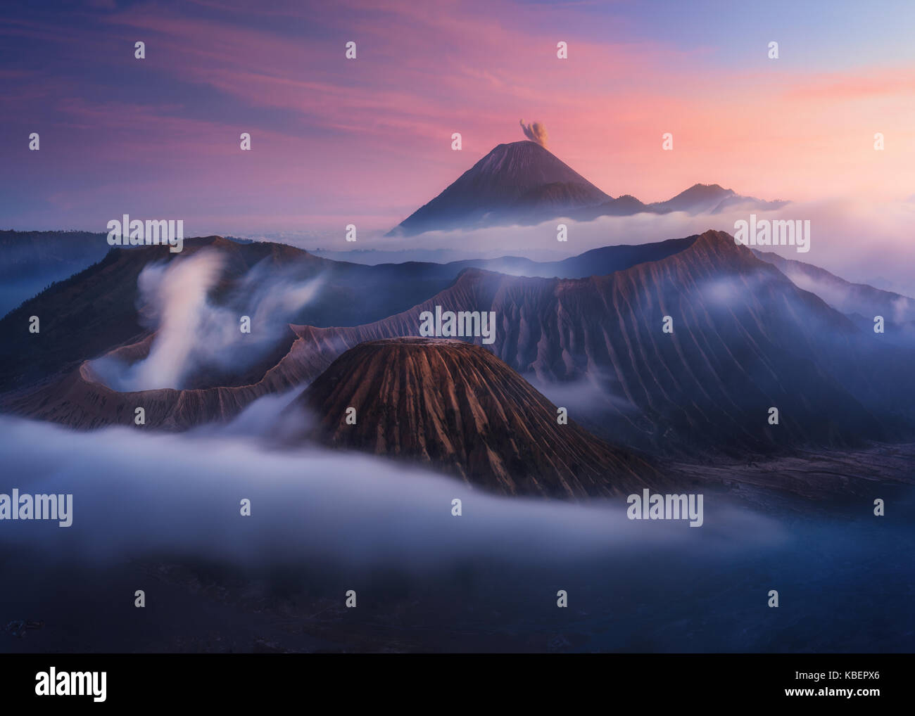 Bromo and Semeru volcanos at sunset in Java, Indonesia Stock Photo - Alamy