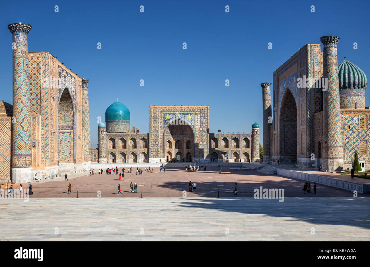 Three medieval madrasah in Registan square, Samarkand, Uzbekistan Stock ...